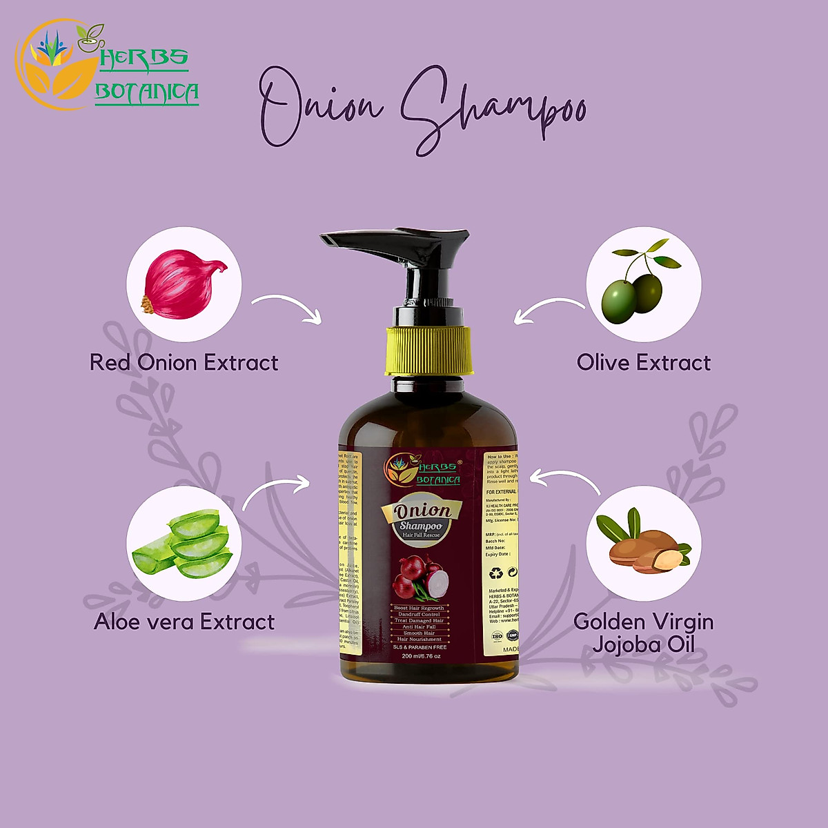 Onion Shampoo for Hair Growth – Enriched with Caffeine, Curry Leaf & Indian Alkanet Root – Controls Hair Fall & Dandruff – Onion Shampoo and Conditioner Alternative – 6.76 fl oz by Herbs Botanica