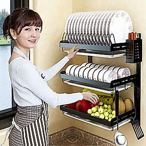 FEHUN Sinks,3 Tier 201 Stainless Steel Kitchen Wall-Mounted Dish Drying Rack Drain Rack