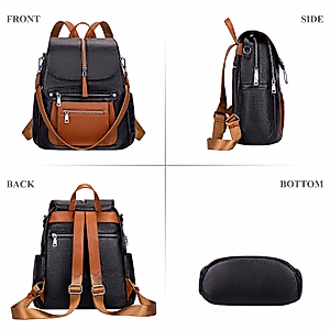 ALTOSY Leather Backpack Purse for Women Fashion Casual Handbag with Multi Pockets and Flap (S107 Black/Brown)