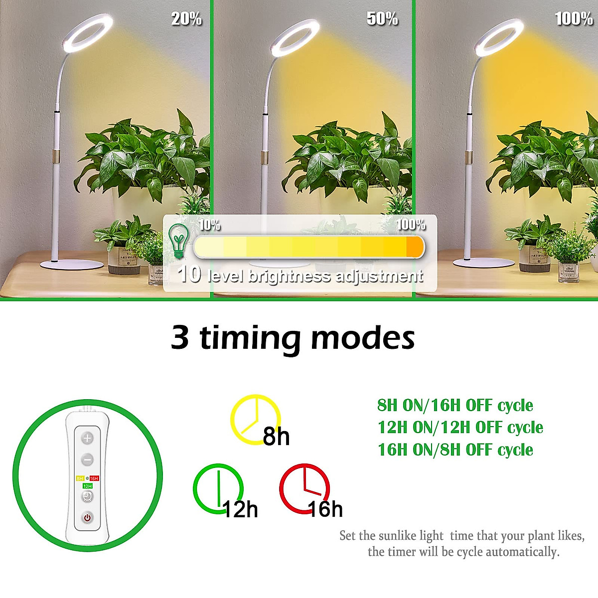 yadoker Plant Grow Light for Indoor Plant,Desk LED Grow Light,Height Adjustable,Automatic Timer with 8/12/16 Hours,10-Level Brightness,Ideal for Small Plant Grow