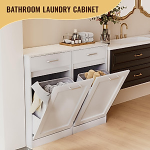 Gegcucey Tilt Out Trash Can Cabinet, Kitchen Grabage Can Cabinet with Drawers, Hamper Cabinet Easy Assemble Dog Proof Trash Can Cabinet with Storage Sturdy 2 * 10 Gallon Trash Can Kitchen Island