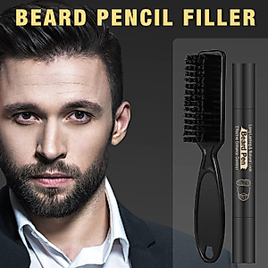 Beard Pencil Filler For Men,4 Tip Beard Filler Pen Kit Beard Pen & Beard Brush Male Mustache Repair Shape, Effective Enhance Facial Hair Waterproof Proof and Sweat Proof (Portable Box & Black Pen)