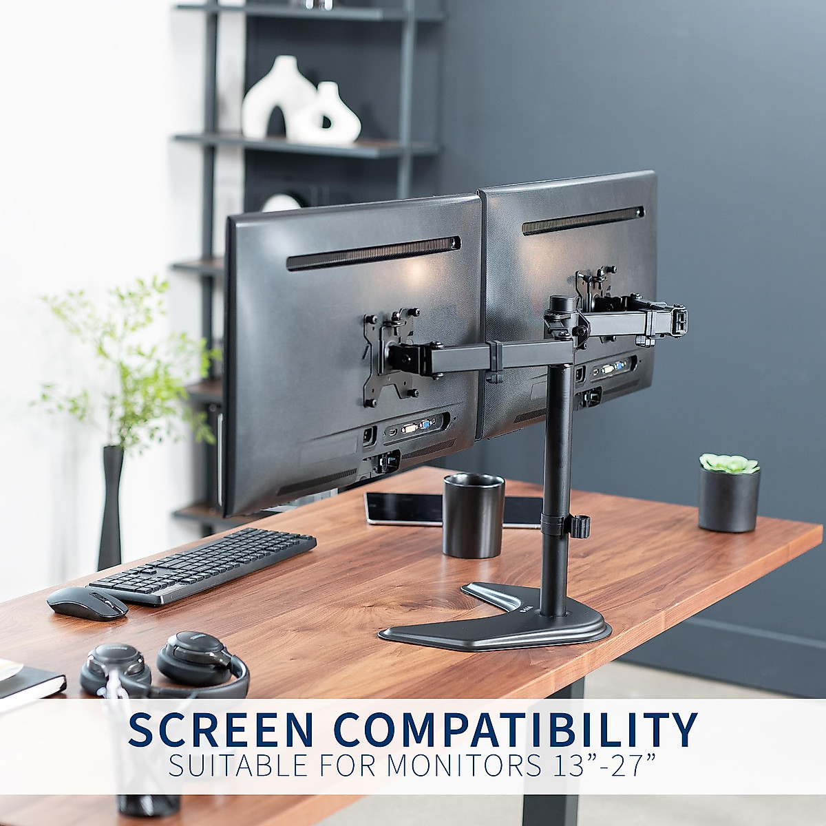 VIVO STAND-V002F Dual LED LCD Monitor Free-Standing Desk Stand for 2 Screens up to 27 Inch Heavy-Duty Fully Adjustable Arms with Max VESA 100x100mm