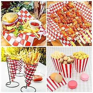 FHDUSRYO 100 Sheets Checkered Dry Waxed Deli Paper Sheets, Grease Resistant Checkered Basket Liner with 24 Popcorn Favor Boxes, Red and White Sandwich Paper Wraps for Party, Picnic (11x10.2inch)