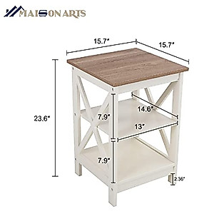 MAISON ARTS End Tables Living Room Set of 2 Farmhouse Side Tables 3-Tiers Rustic Nightstands with Storage for Bedroom, Modern Wood Look Mid Century Accent Furniture, Easy Assembly, Ivory