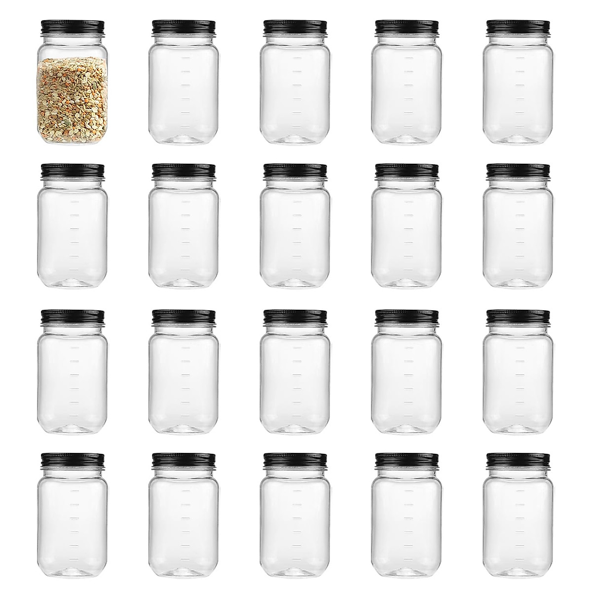 OMNISAFE 16 Ounce Clear Plastic Mason Jars With Screw On Lid, Reusable Empty Jars for Food Storage, Round BPA Free Containers for Sealing, Dry Food, Snacks, Candies, Breakage-proof, (Black - 20 Pack)