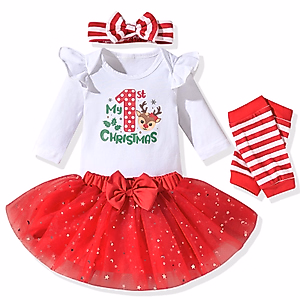 Aalizzwell 3-6 Months Baby Girls Christmas Clothes Infant My 1st Xmas Tulle Skirt Buffalo Plaid Outfit with Leg Warmers Clothing Deer Elk