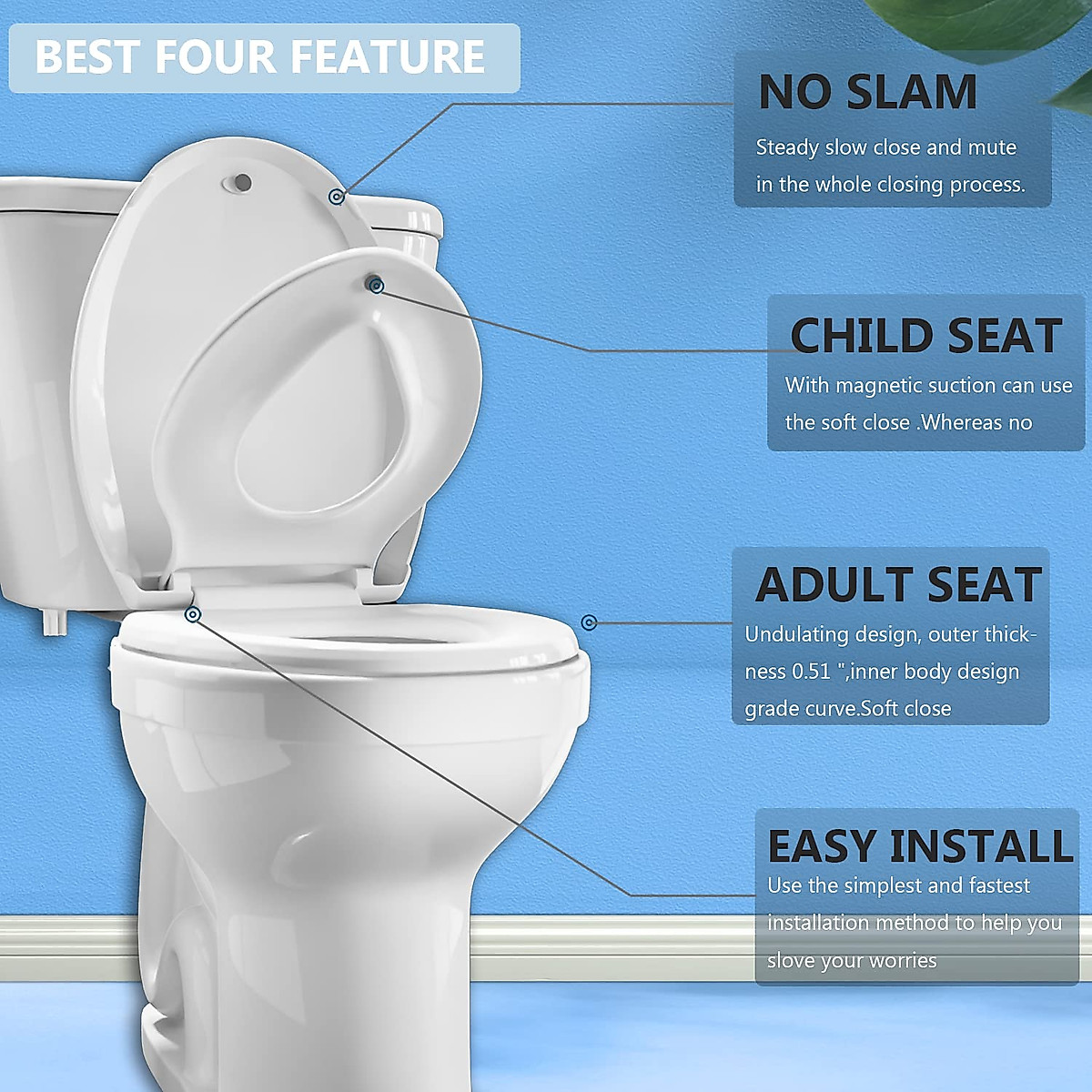 JINGZE Elongated Toilet Seat Built-In Potty Training Seat, Soft Quiet Close Non-Slip Seat, Easy to Install & Clean,Magnetic Kids Seat and Cover for Elongated Oval Toilets,White