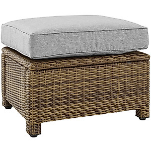 Crosley Furniture Bradenton Wicker Outdoor Ottoman Foot Rest for Patio, Deck, Porch, Brown with Gray Cushions
