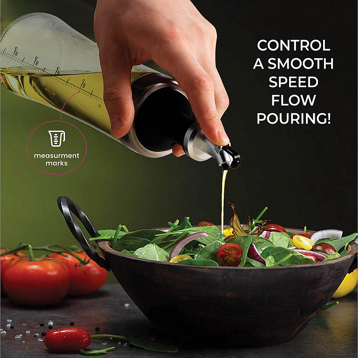 FineDine Superior Glass Oil and Vinegar Dispenser, Modern Olive Oil Dispenser, Wide Opening for Easy Refill and Cleaning, Clear Glass Oil Bottle, Pouring Spouts, 18 Oz. Cruet Set (Set of 2)