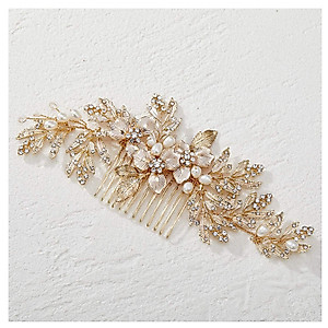 SWEETV Handmade Wedding Hair Comb Clip Rhinestone Bridal Hair Comb Piece, Gold Hair Accessories for Brides Wedding