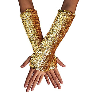 Yikisdy Sequins Fingerless Glove sparkly Gold Gloves Rave Mermaid Glove for Women (Gold)