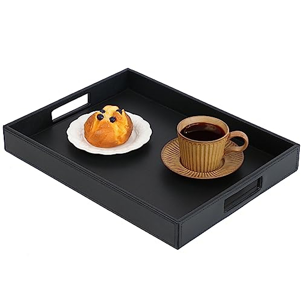 HofferRuffer Rectangle Serving Tray with Hole Handles for Coffee Table, Breakfast, Tea, Food, Butler - Countertop, Kitchen, Vanity Serve Tray, 16.2 x 12.2 x 2 inches, Faux Leather Tray (Black)