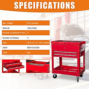 HPDMC Steel Tool Service Utility Push Cart with Lockable Drawers & Sliding Top, 27.8" L x 14.6" W x 32.7" H, 212 lbs Loading Capacity, 2-Drawer Garage Workshop Rolling Storage Tool Chest