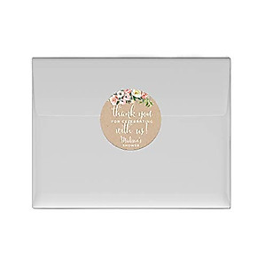 Andaz Press Peach Coral Kraft Brown Rustic Floral Garden Party Wedding Collection, Personalized Round Circle Label Stickers, Thank You for Celebrating with US, 40-Pack, Custom Name