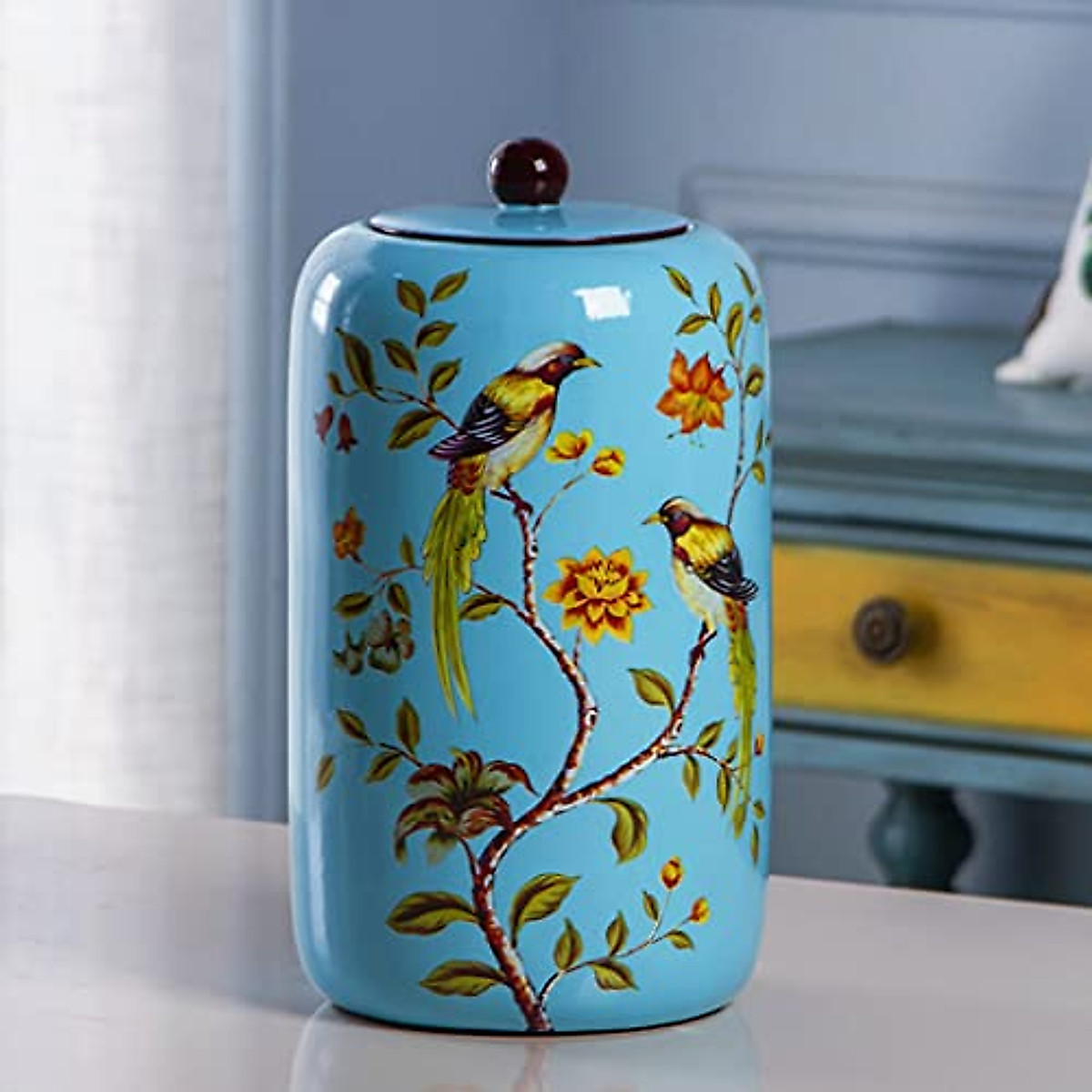 Blue Ceramic Cylinder Vase Ginger Jar with Lid for Home Decor, Floral Bird Temple Jar Vase Traditional Porcelain Dried Flower Vases Gift Jar Decoration for Living Ro S