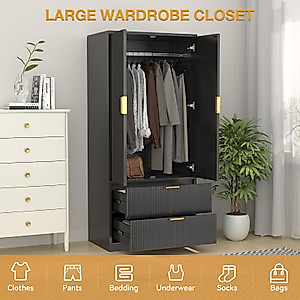 Wardrobe Closet with 2 Doors and 2 Drawers, 70"Clothing Storage Cabinets with Hanging Rod, Modern Wooden Armoire Wardrobe Closet with Gold Handles for Bedroom Armoires Laundry Room(Black)