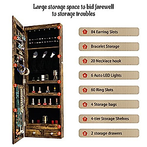 Ntufrest Mirror Jewelry Organizer, Upgraded 6 LED Lights Wall/Door Mounted Jewelry Armoire Cabinet, Full Length Mirror with Storage, Lockable Makeup Organizer and Storage
