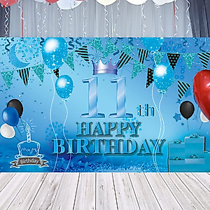 Happy 11th Birthday Backdrop Banner Blue 11th Sign Poster 11 Birthday Party Supplies for Anniversary Photo Booth Photography Background Birthday Party Decorations, 72.8 x 43.3 Inch