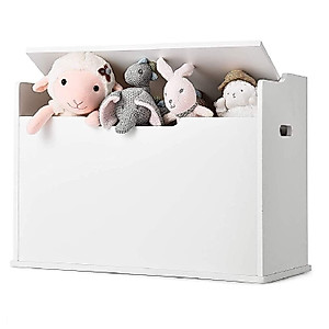 Costzon Wooden Toy Chest, 2 in 1 Toy Box and Storage Chest with Seating Cushion, Finger-Pinch Prevention Toy Storage Case with Seating Bench, Lift-Top Storage Chest for Bedroom/Living Room (White)