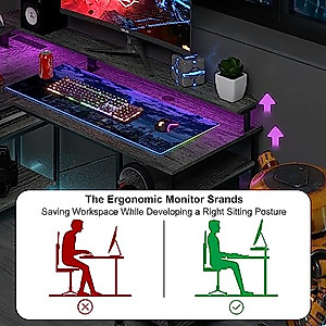 Tbfit L Shaped Desk, Reversible Corner Computer Desk with Power Outlet and LED Strip, Gaming Computer Desk with Monitor Stand and Storage Shelf, 2 Person Long Writing Study Table, Grey