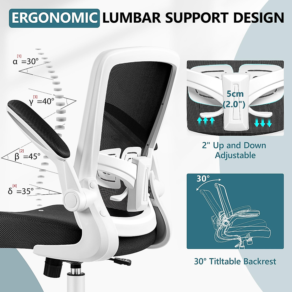 MINLOVE Office Chair Ergonomic Desk Chair with Adjustable Lumbar Support and Height, 90° Flip-up Armrests, Ergo Desk Chairs with Wheels, 360° Swivel Mesh Chair, Home Work Use (White)