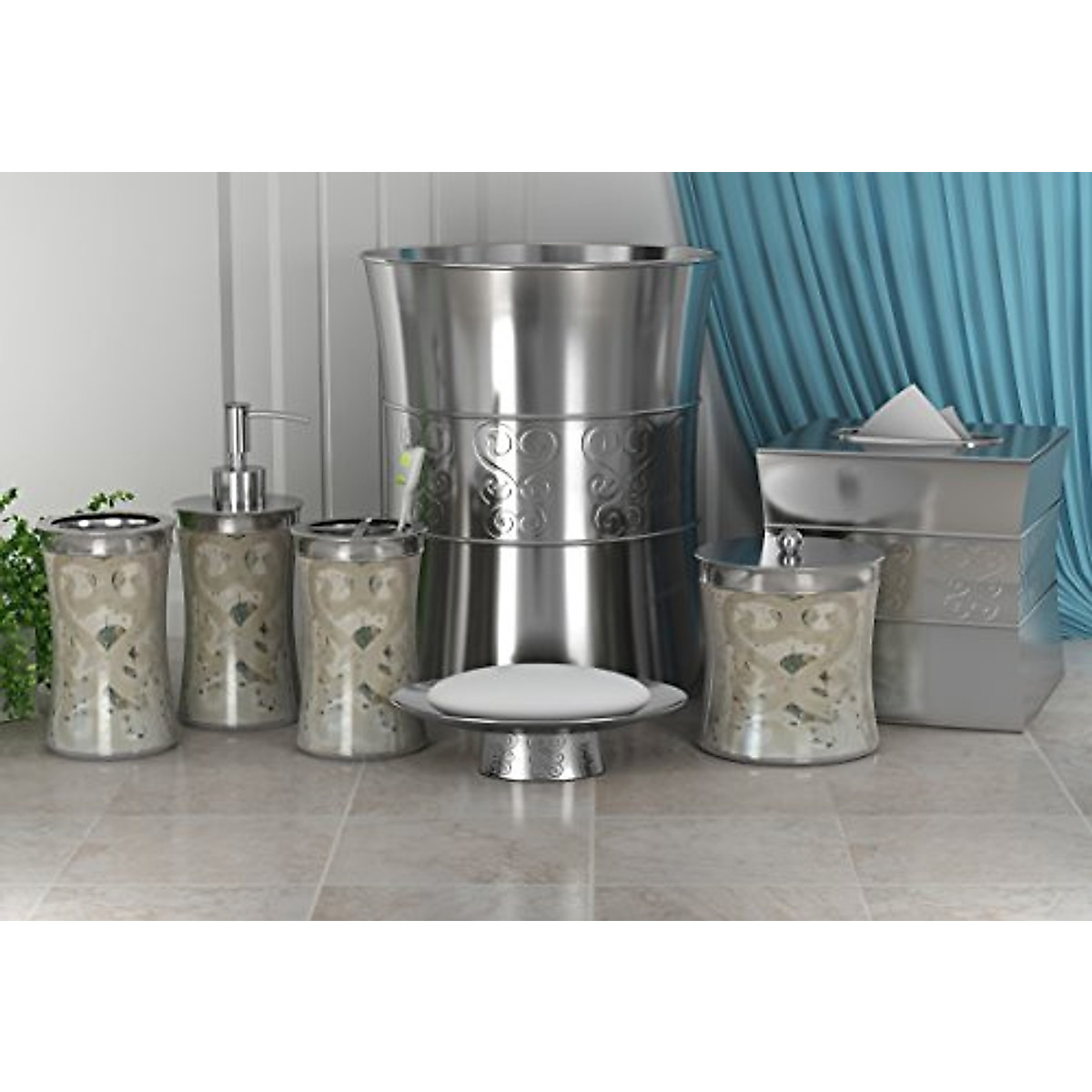 nu steel 7-Piece Mercury Glass Bathroom Accessory Set, Patchwork, Mercury/Shiny