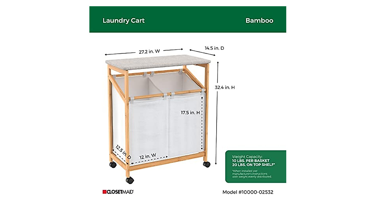 ClosetMaid Bamboo Laundry Hamper Cart with Ironing Station