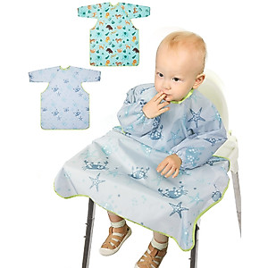 Lictin Coverall Baby Feeding Bibs - 2-Pack Long Sleeve Baby Bibs for Eating, Adjustable Weaning Bibs, Waterproof Bib Attaches and Fully Cover to Baby Highchair and Table