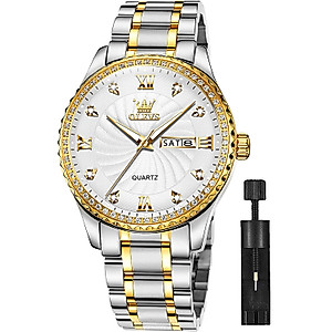 OLEVS Mens Watches Diamond Luxury Business Dress White Wrist Watch Quartz Stainless Steel Day Date Waterproof Luminous
