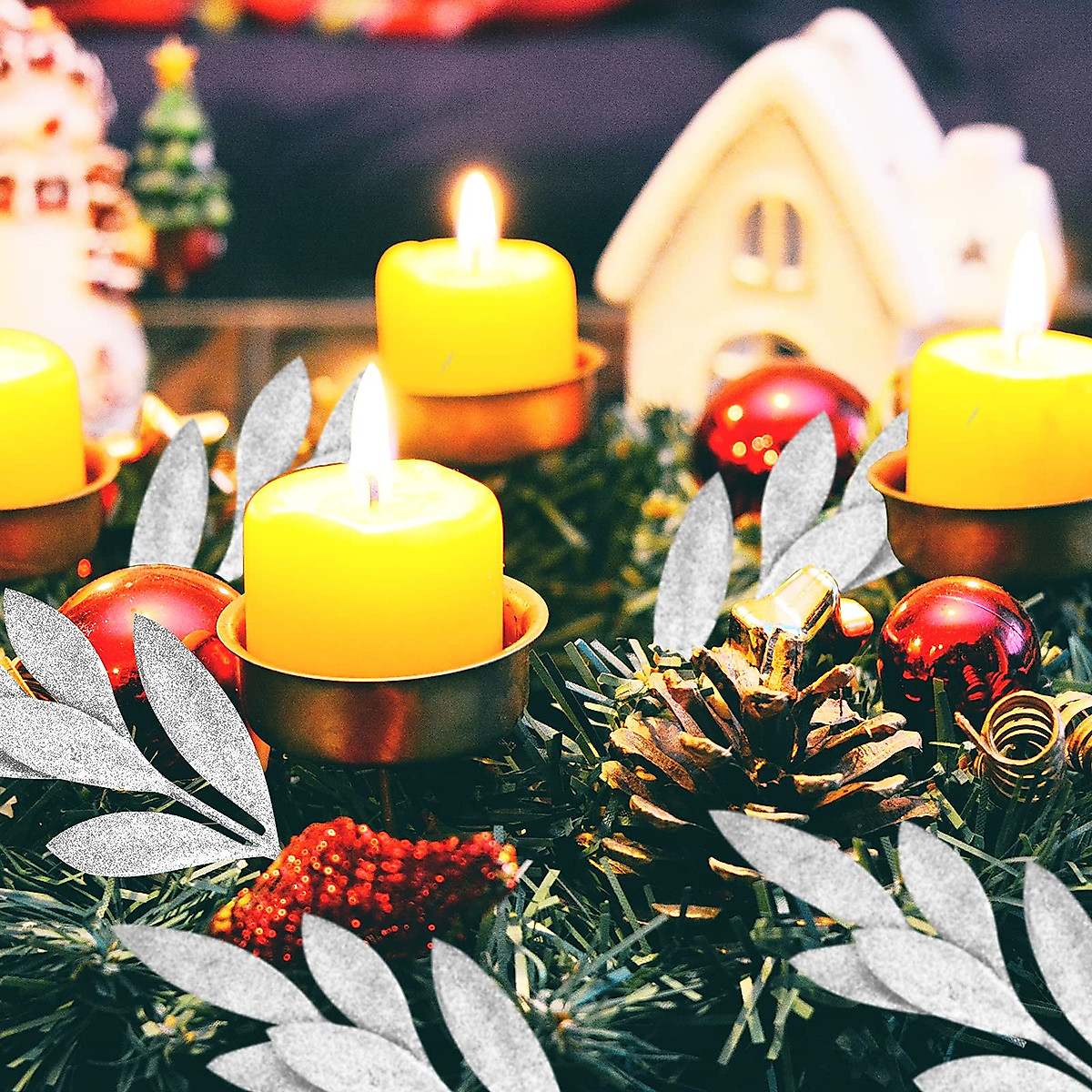 Dolicer 24PCS Artificial Silver Glitter Leaf Fake Plants Silver Leaves Christmas Glitter Leaf Spray Christmas Floral Vase Arrangement Bouquets for Christmas Tree Wedding Home Garden Party Gift Decor