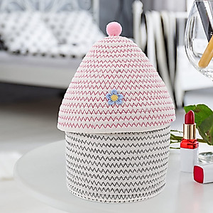 HANABASS Cotton Rope Storage Basket with Lid Small Woven Baskets Cute Toy Storage Basket Mini Storage Bins for Living Room Nursery Bathroom Desk Red