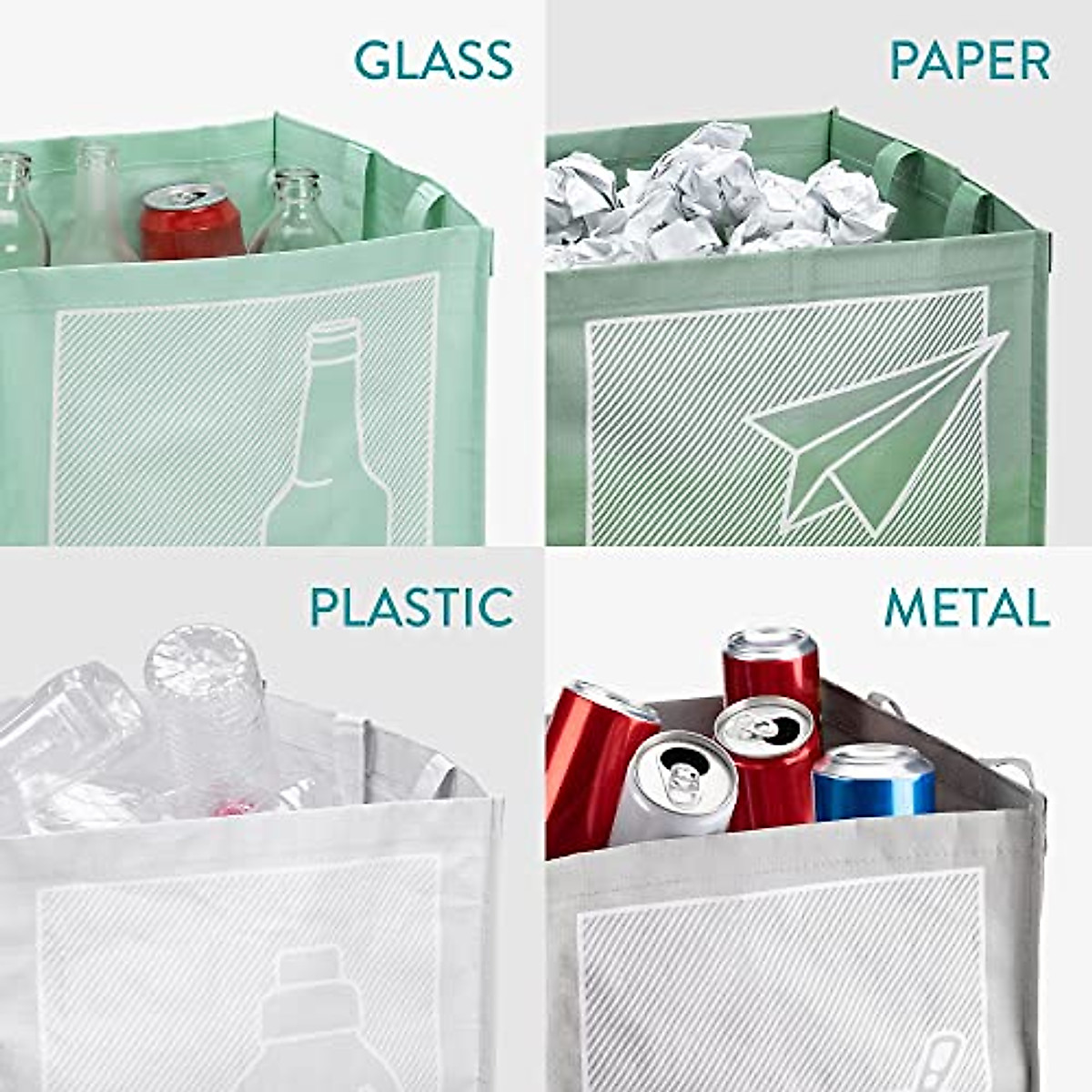 Navaris Recycle Bag Set (4 Pieces) - Reusable Recycling Bags to Separate Paper, Plastic, Glass, Metal - Recycling Bins Sorter Bin Kitchen Organizer