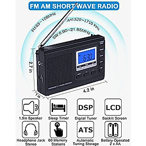 HanRongDa AM FM Shortwave Radio Portable with Excellent Reception and Backlit, Battery Operated Radios with Alarm Clock and Sleep Timer, Small Digital Tuner for Camping, Fishing, Traveling HRD-310