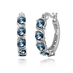 Sterling Silver London Blue Topaz S Design Round Hoop Earrings for Women