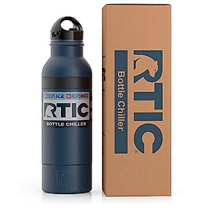 RTIC Bottle Chiller Water Bottle Insulated Cooler for 12oz Glass Soda Bottle or 16oz Aluminum Bottle, Double Wall Vacuum Insulation, Stainless Steel Sweat Proof with Built-In Bottle Opener, Navy