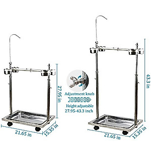 Ozzptuu Metal Bird Feeder Stand Adjustable Height Rolling Bird Perch Play Stand Parrot Playstand with Universal Wheels and Feeding Bowls