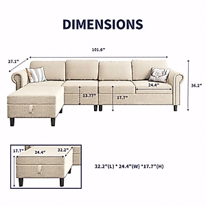 ZAFLY Convertible Sectional Sofa Couch with Movable Storage Ottoman, Linen 4 Seat L Shape Couch with Reversible Chaise, Living Room Sets for Office, Apartment (Beige)