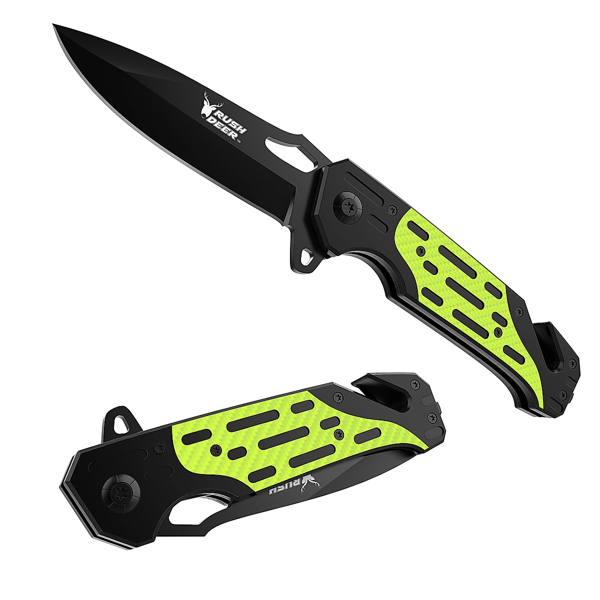 Rush Deer Pocket Knife, Folding Knife with Clip, Glass Breaker, Seat belt Cutter. Unique Fathers Day Gift for Dad. Cool Small EDC Knife for Survival Hiking etc. Gifts for Men Women