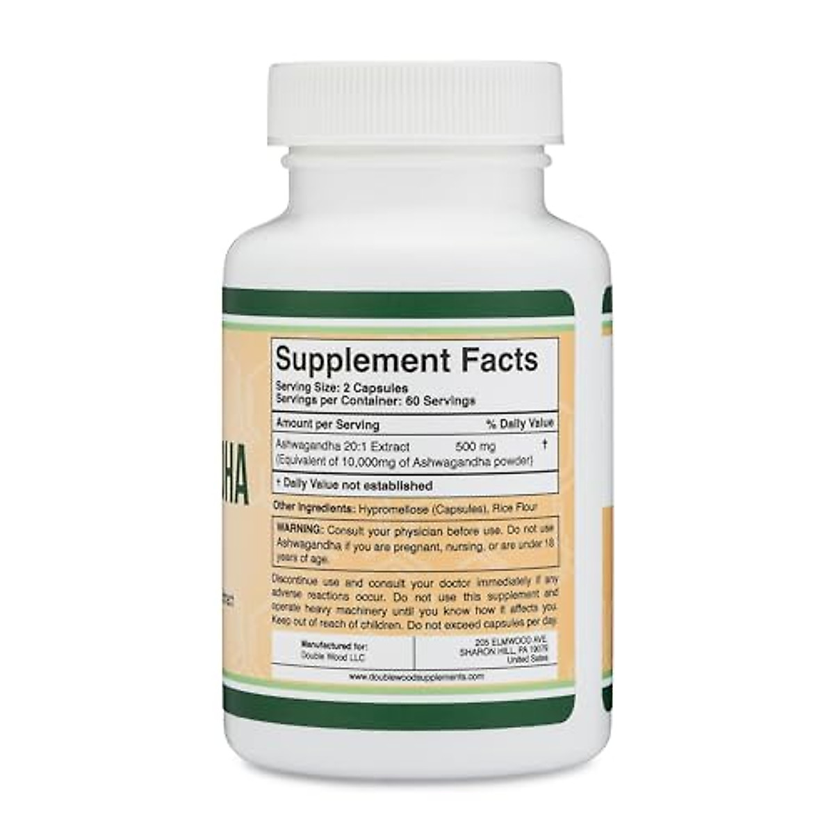 Ashwagandha Capsules, 120 Count (500mg Extract 20:1 Potency) Adaptogen Stress Relief by Double Wood