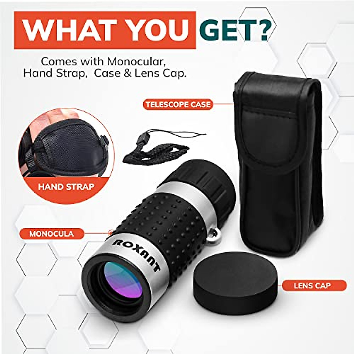 Roxant Monocular Telescope - High Definition Ultra Light Pocket Telescope - Includes Compact Monocular, Neck Strap & Cleaning Cloth, Monoculars for Adults, High Powered Handheld Telescope