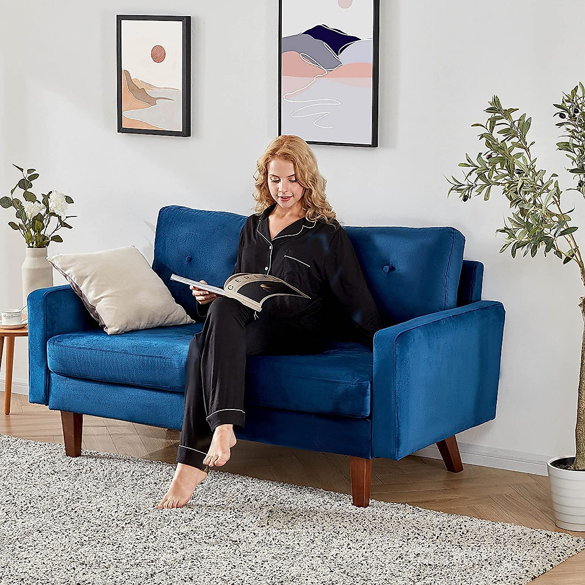 Bettermade Loveseat Sofa,Futon Sofa for Living Room, Velvet Cover Modern Design Couch,Tools-Free Assemble,2 Seats with 600 LB Load,Blue