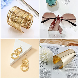 FIRAZIO 7 Pieces 70s Disco Accessories Costume Jewelry Set For Women Rimless Diamond Cutting Sunglasses Gold Cuff Bangle Bracelet Layered Choker Necklace Disco Earrings