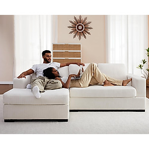 AMERLIFE 96 Inch Oversized Sectional Sofa, Modern Couch with Chaise, Comfy Sofa Couch with Left Chaise, White Corduroy Sofa
