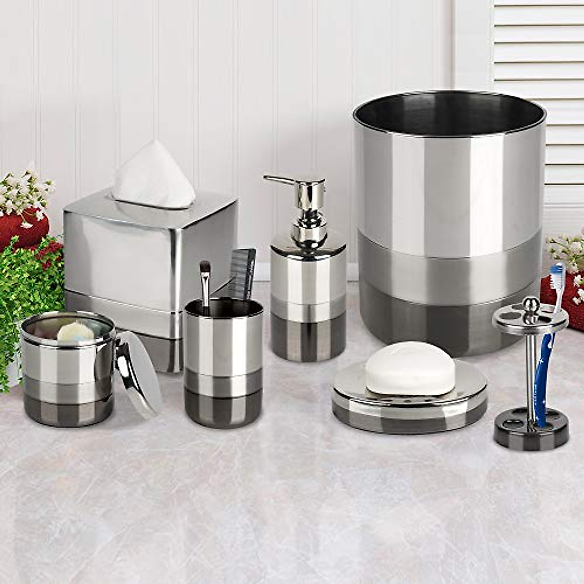 nu steel Triune Bath Accessory Set Vanity Countertop, 7 Piece Luxury Ensemble - Cotton Swab, soap Dish, Toothbrush Holder, Tumbler, soap Pump, Waste Basket, Tissue Box - Shiny, Brushed & Black Nickel