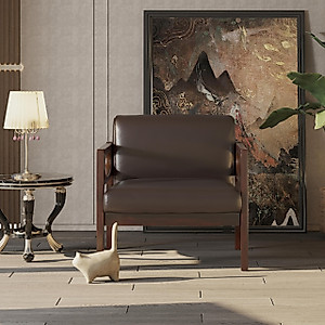 PU Leather Accent Chair, Mid-Century Modern Armchair with Solid Wood Legs, Reading Leisure Chair with High Back for Living Room Bedroom Waiting Room(Espresso)