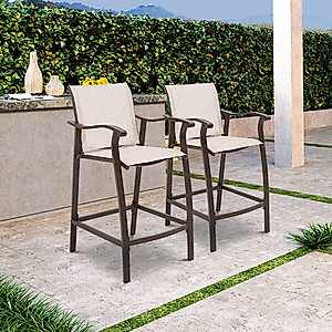 Crestlive Products Outdoor Counter Height Bar Stools Set of 4 Classic Patio Furniture Bar Chairs with Heavy Duty Aluminum Frame in Antique Brown Finish (Beige)