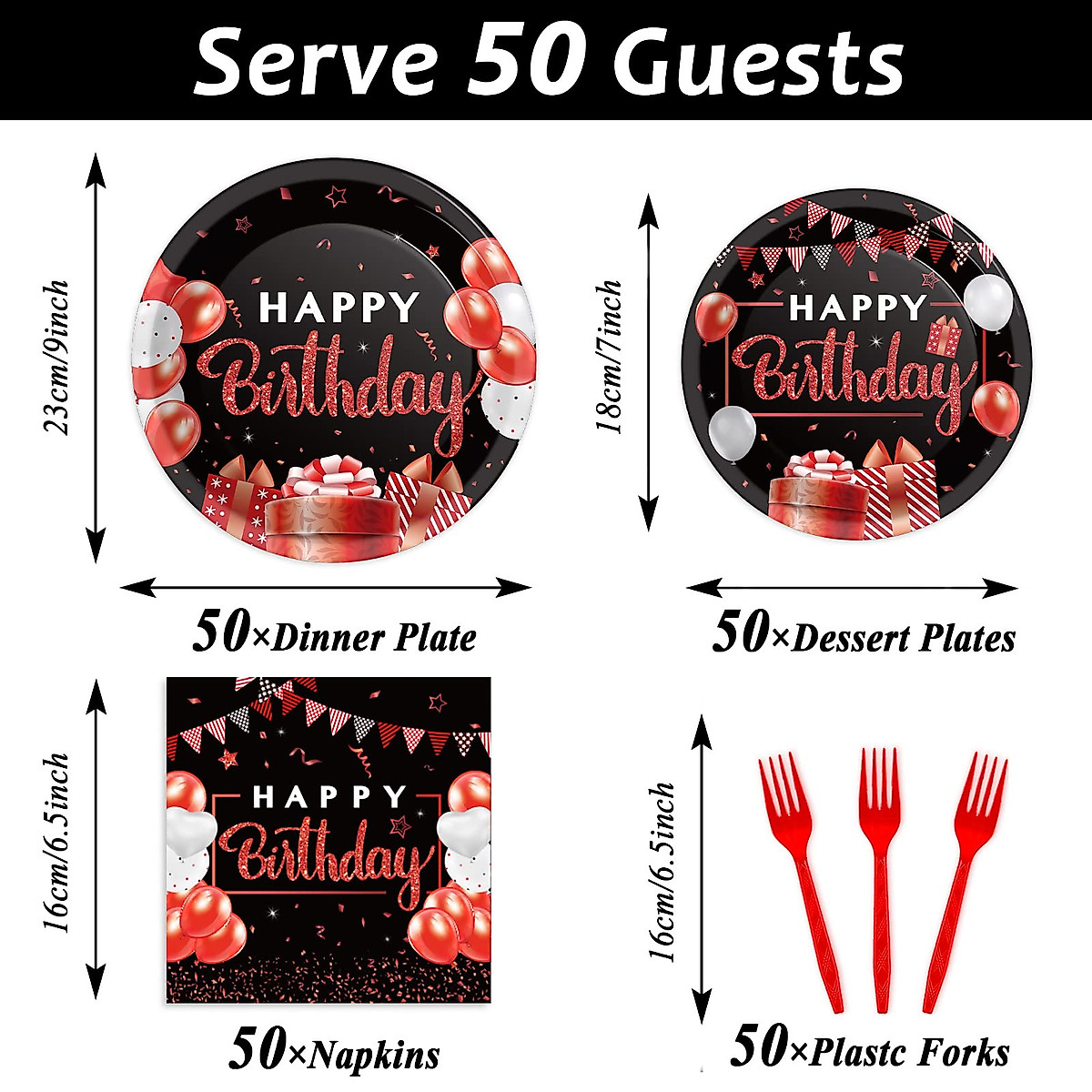 200Pcs Red and Black Birthday Party Tableware Set Confetti Sprinkles Happy Birthday Supplies Red and Black Paper Plates and Napkins Forks for Man and Woman Birthday Party Decorations for 50 Guests