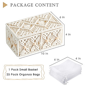 VinneGenzz Boho Macrame Storage Basket with Lid Organza Gift Bags Decorative Wood Beads Bohemian Jewelry Box Bin Handmade Woven Natural Cotton Desk Makeup Organizer Shelf Container (Small Size)