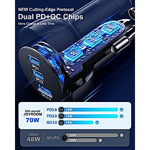 70W USB C Car Charger, JOYROOM Dual PD35W & QC3.0 Super Fast Charging, Compatible with iPhone 14 Pro Max/14 Plus/13 Pro Max/iPad Pro, Samsung Galaxy S23 Ultra/S22/S21, Google Pixel